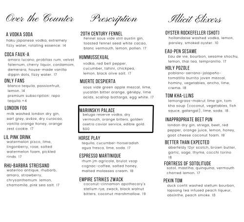 Apothecary menu in Dallas, Texas, USA