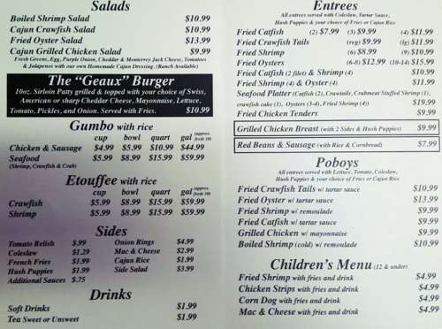 Gumbo to Geaux menu in Bossier City, Louisiana, USA