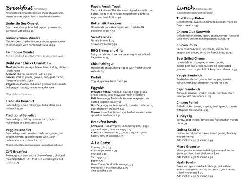 Two Chicks Cafe menu in New Orleans, Louisiana, USA