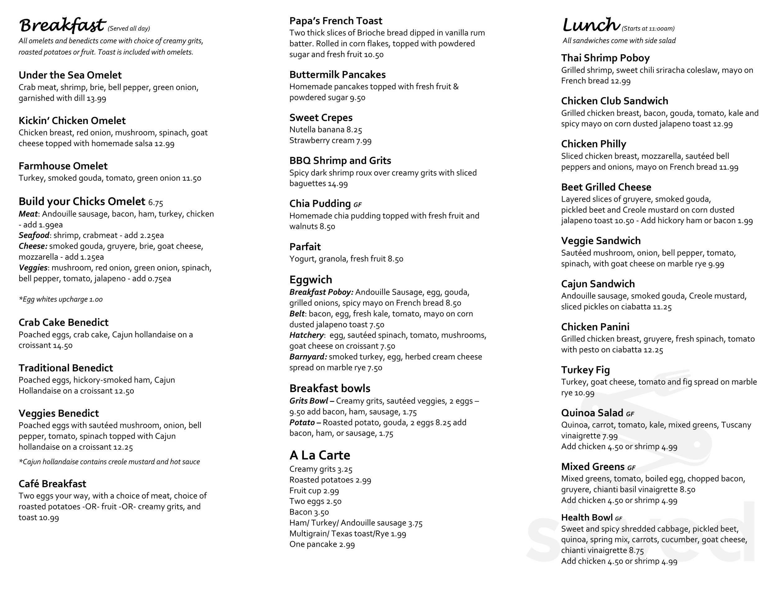 Two Chicks Cafe menu in New Orleans, Louisiana, USA