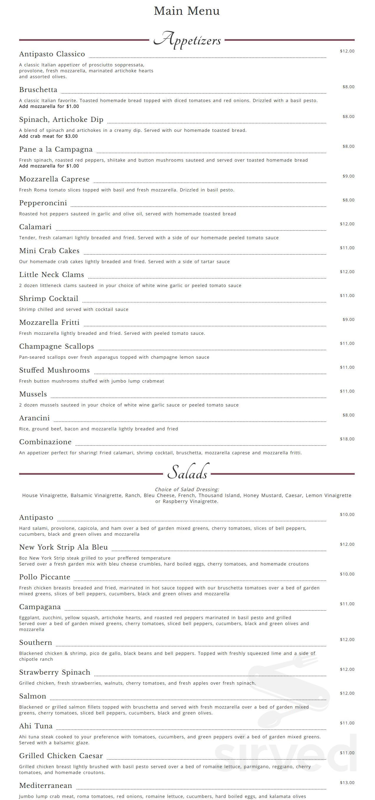 Vincenzo's Ristorante menu in Douglassville, Pennsylvania, USA