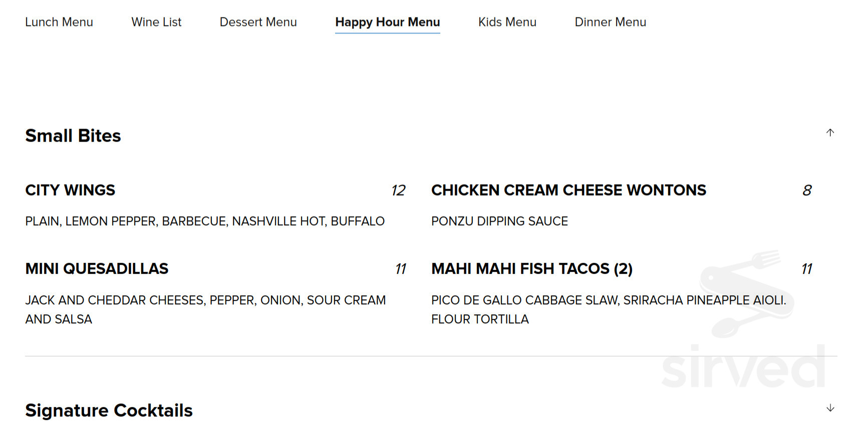 Menu - Birmingham AL's City Club Birmingham | Sirved