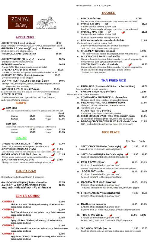 Zen Yai menu in San Francisco, California, USA
