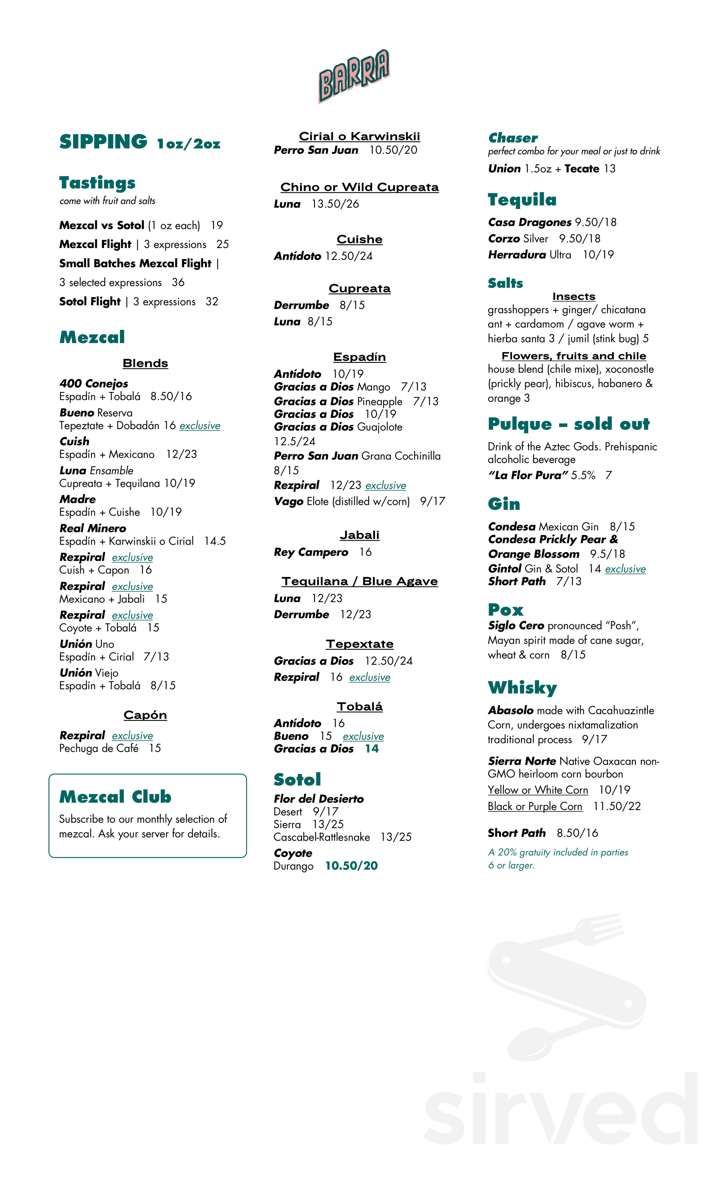 Barra menu in Somerville, Massachusetts, USA