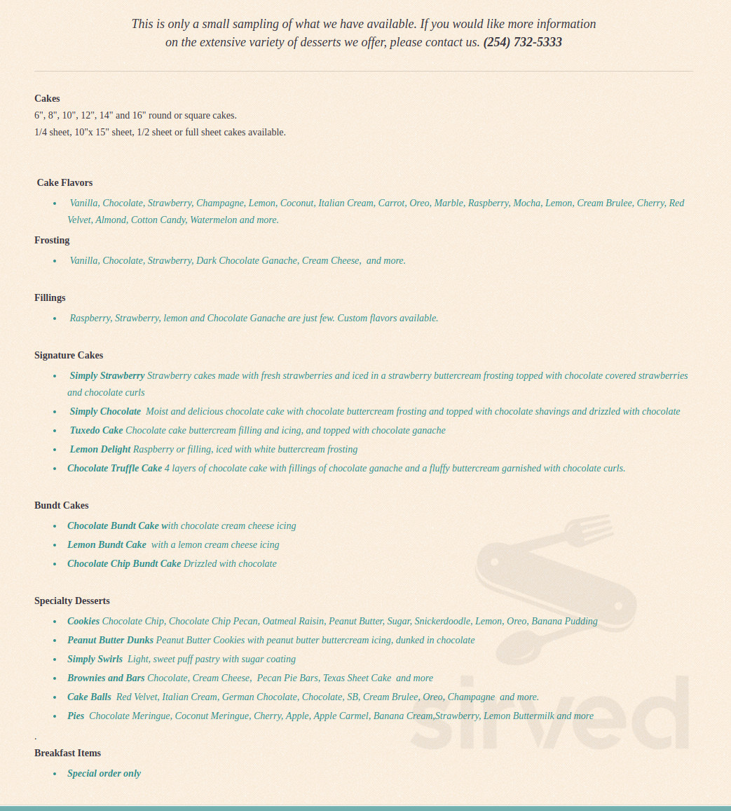 Simply Delicious Bakery menu in Waco, Texas, USA