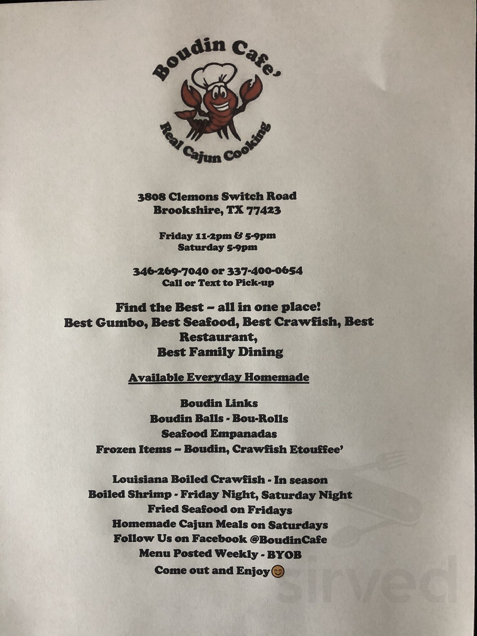 Menu for Boudin Cafe' in Brookshire, TX | Sirved