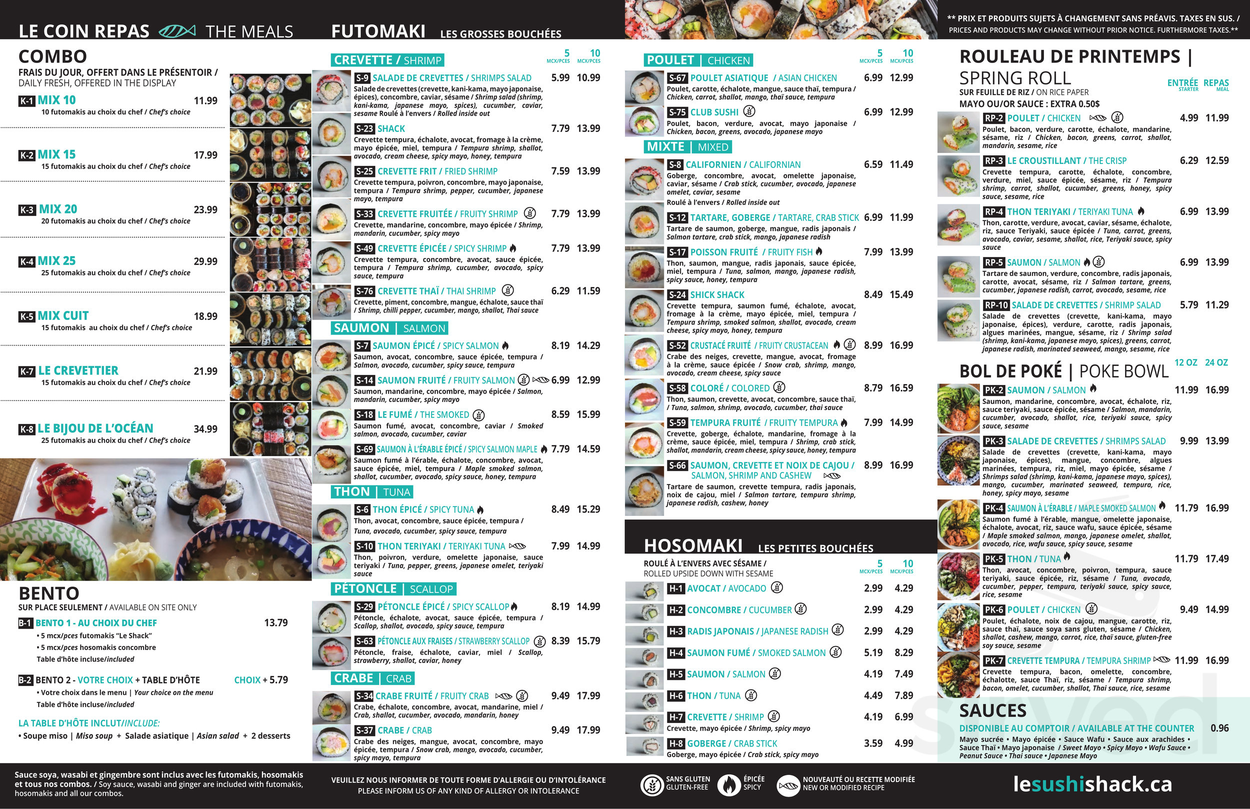 Le Sushi Shack menu in Mont-Tremblant, Quebec, Canada