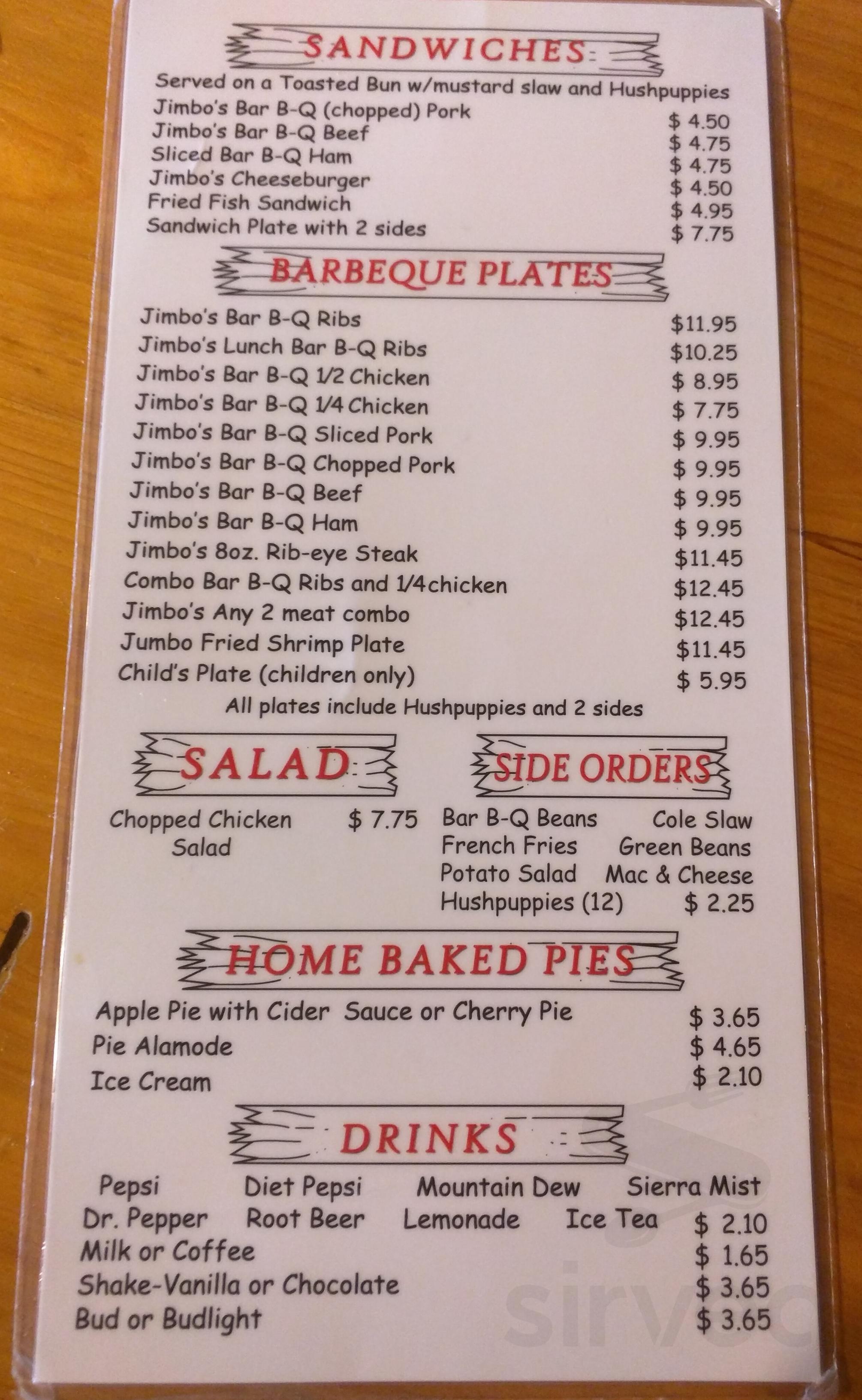 Jimbos Pit Bar BQ menu in Lakeland, Florida, USA