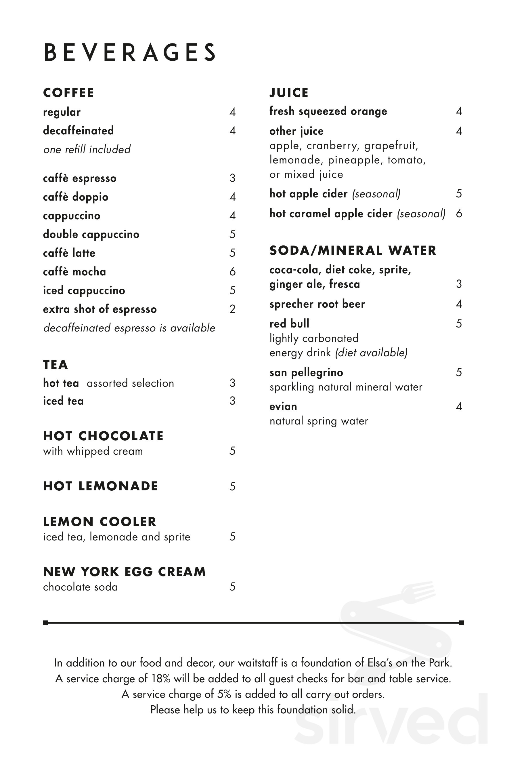Elsa's On the Park menu in Milwaukee, Wisconsin, USA
