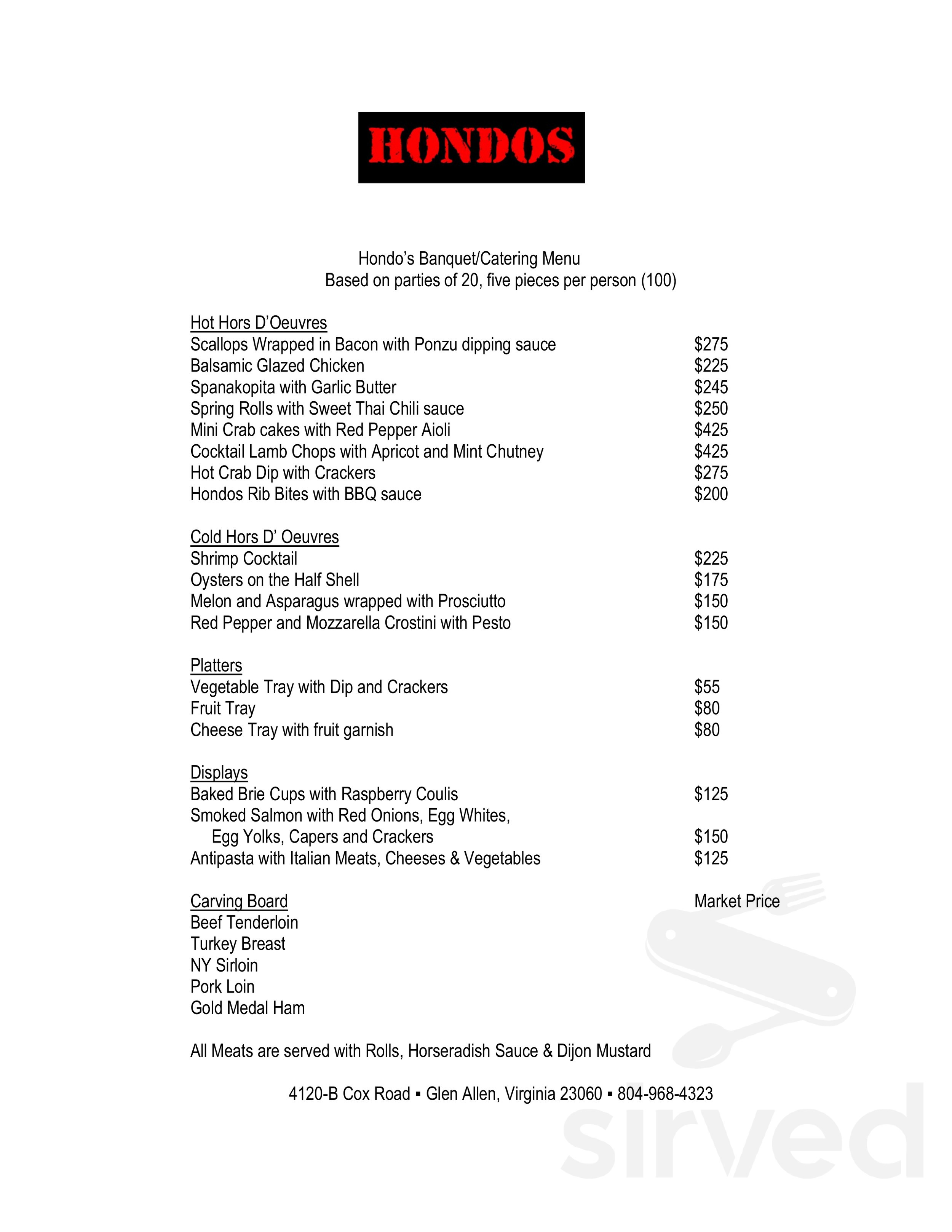 Hondos menu in Glen Allen, Virginia, USA