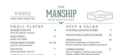 Menu for The Manship Wood Fired Kitchen in Jackson, MS | Sirved