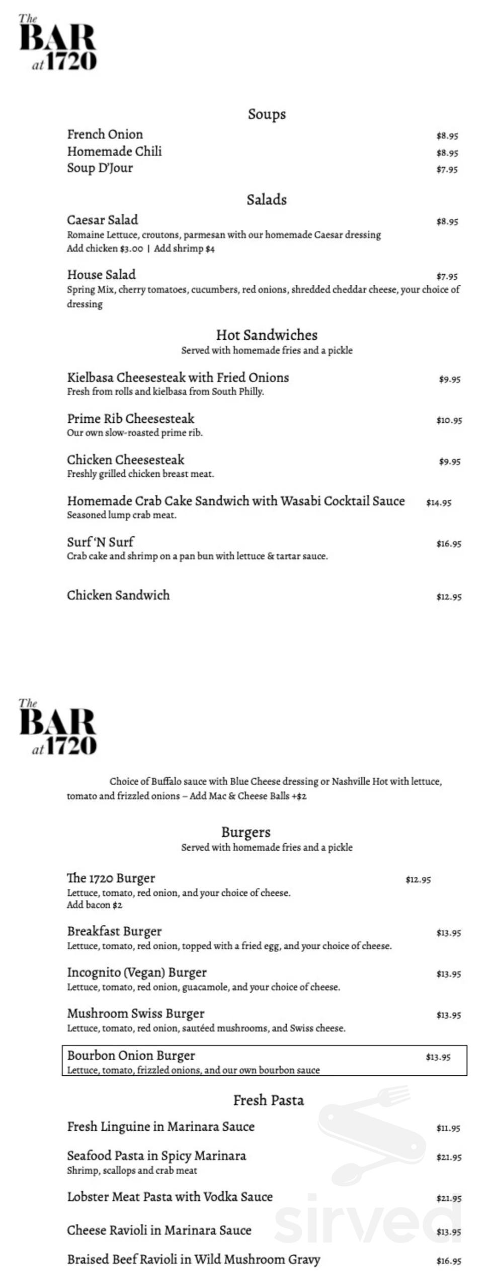 Menu - Chalfont PA's The Bar & Restaurant at 1720 | Sirved