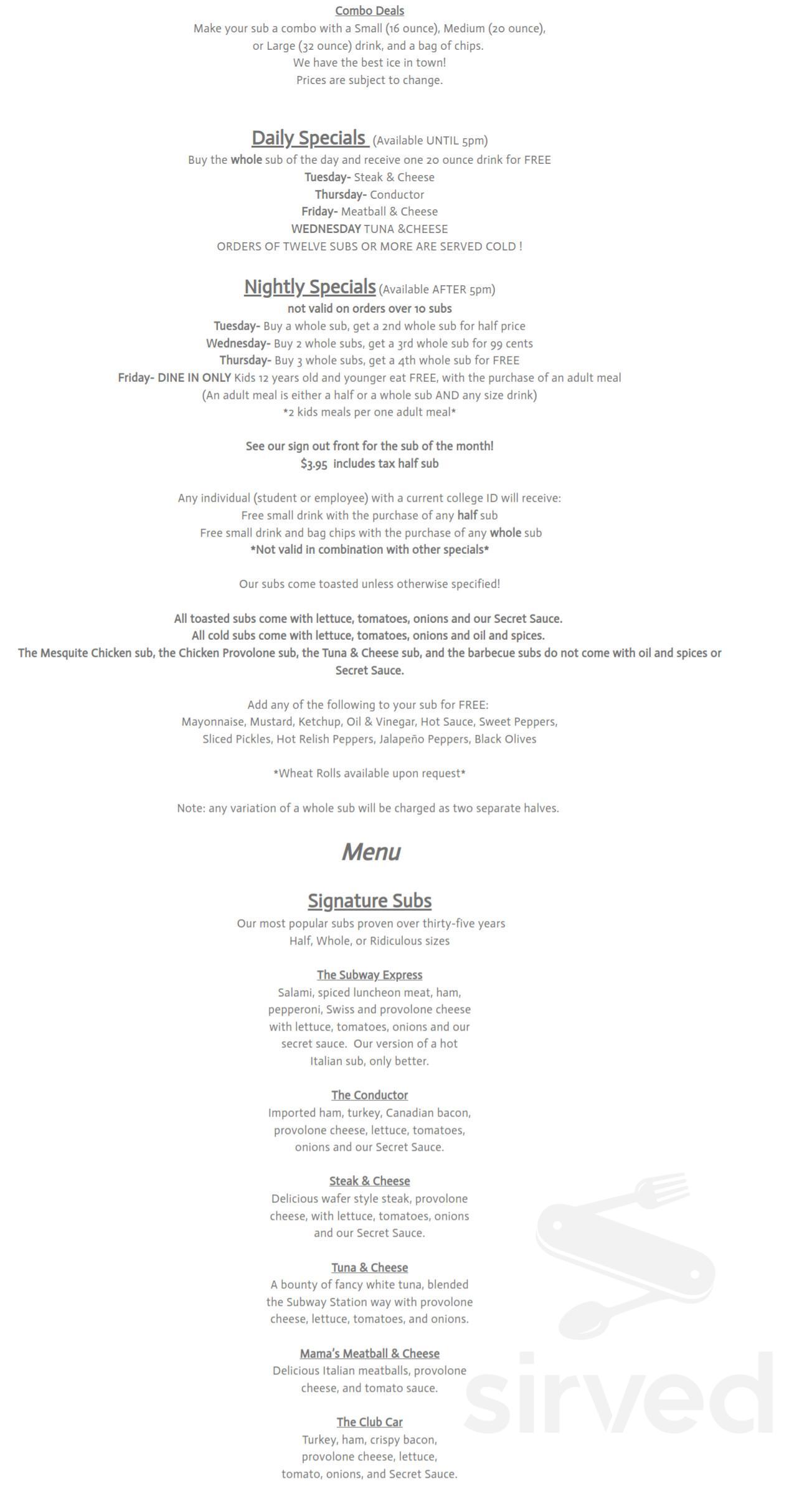 Subway Station menu in Newport News, Virginia, USA