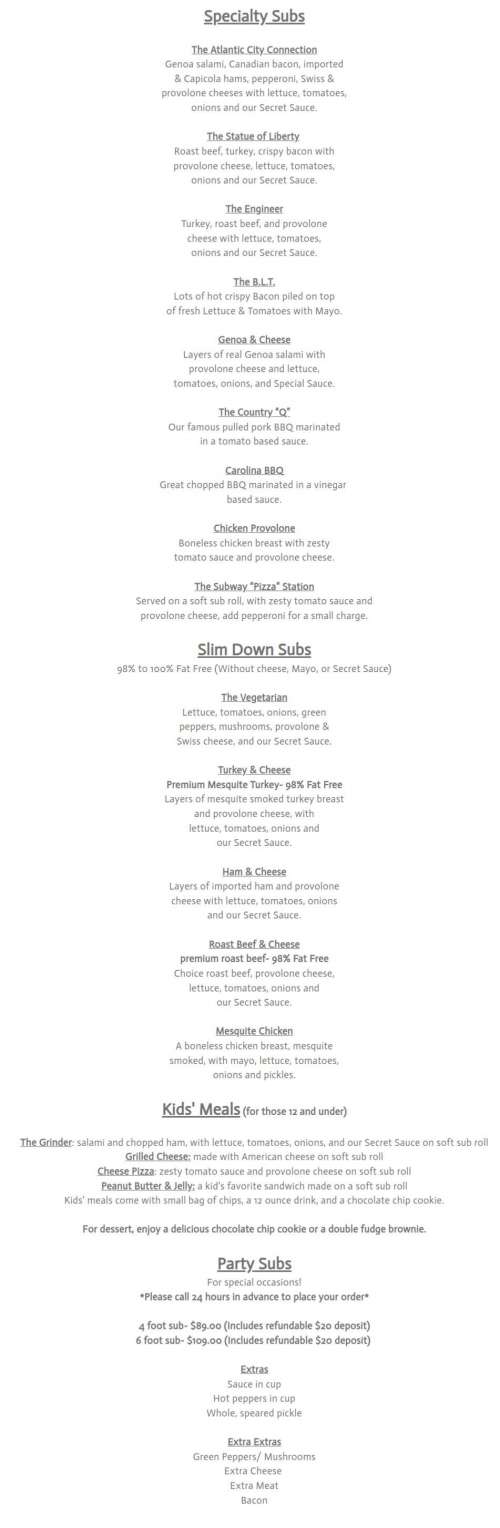 Subway Station menu in Newport News, Virginia, USA