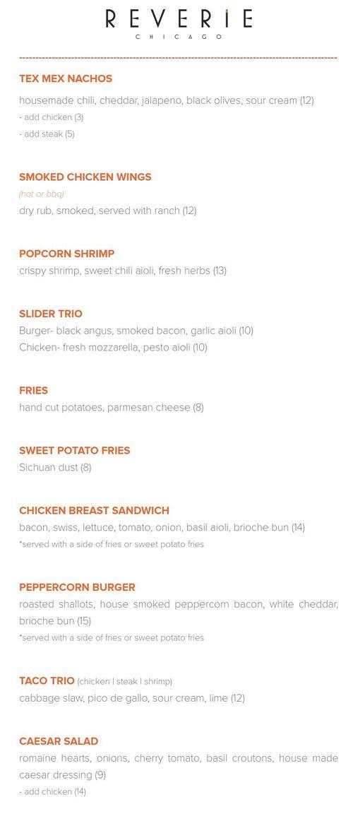 Reverie menu in Chicago, Illinois, USA