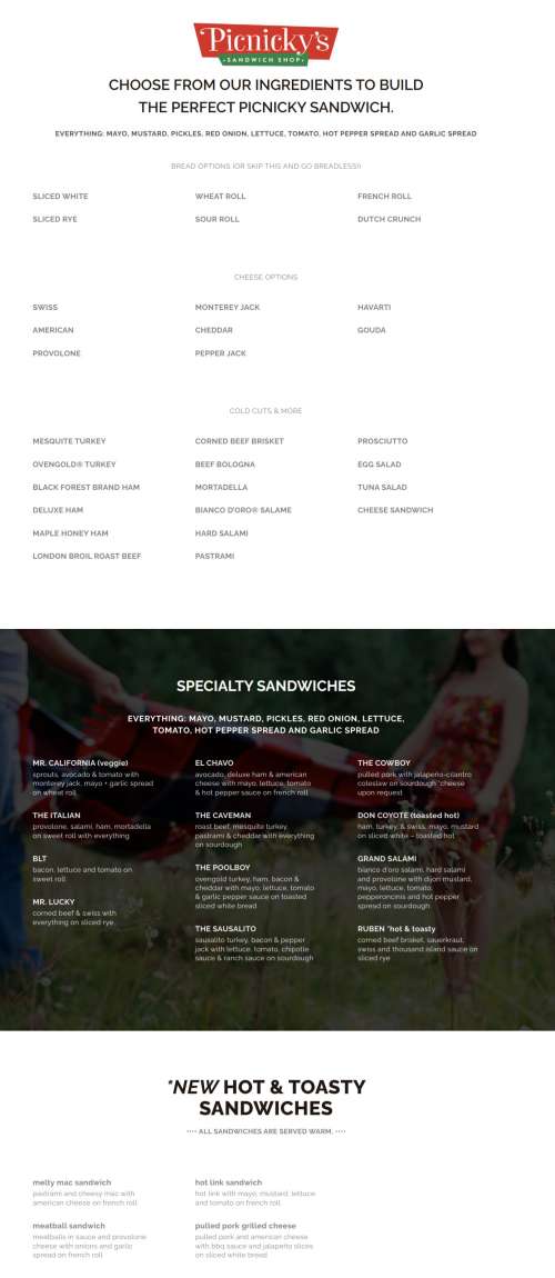 Picnicky's Sandwich Shop menu in Vallejo, California, USA