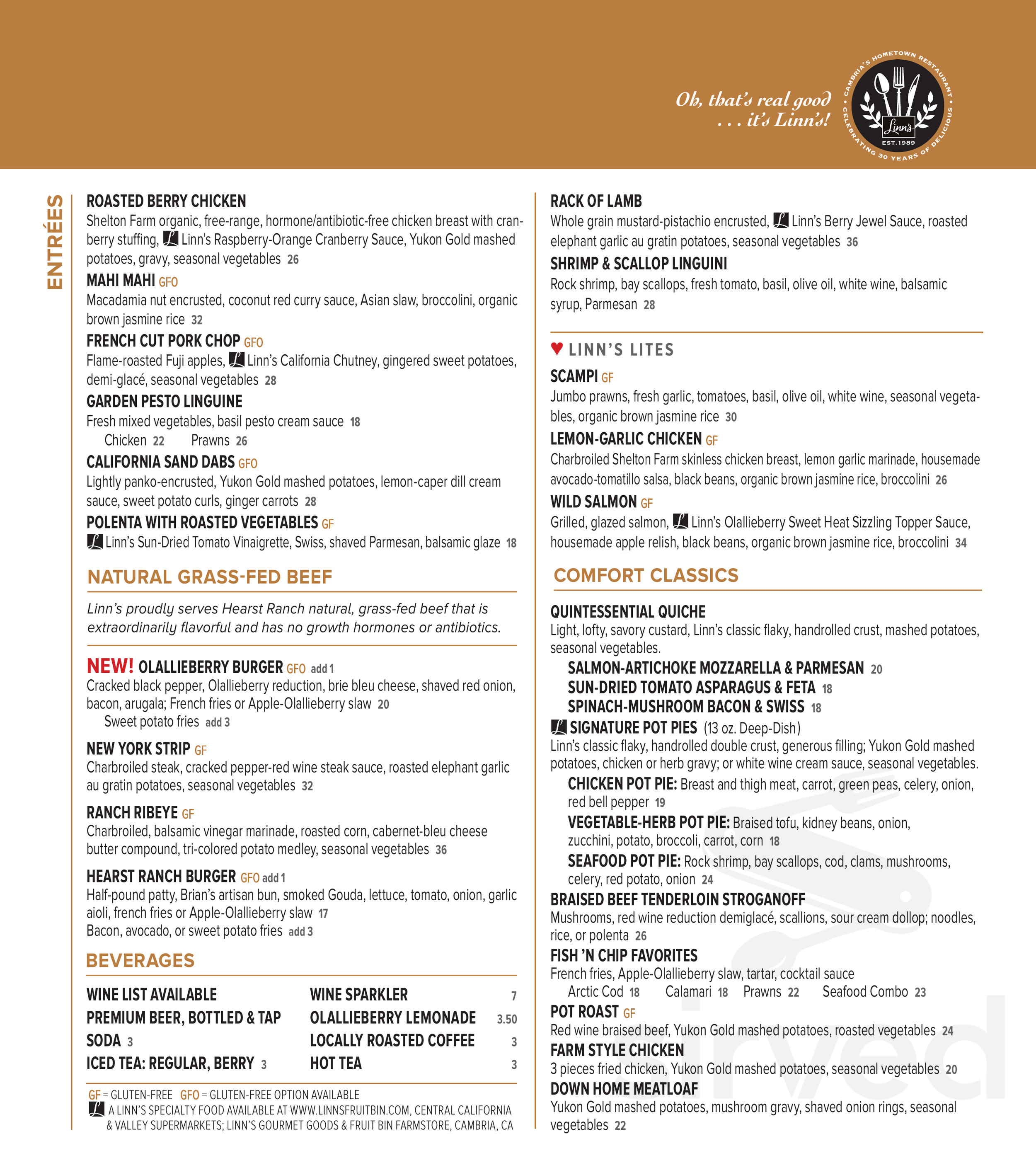 Menu - Cambria CA's Linn's Restaurant | Sirved