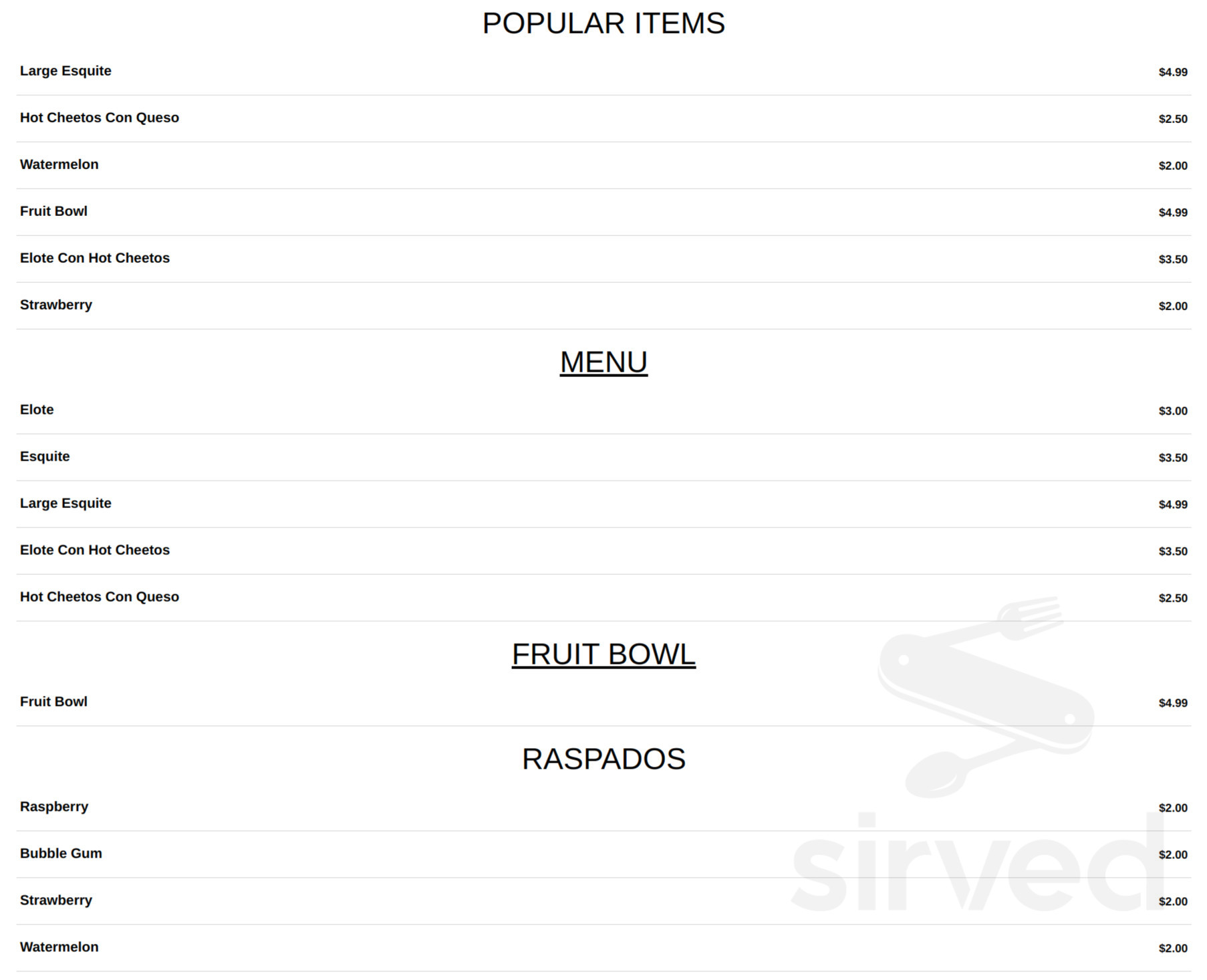 Elote Man /Corn man menu in Victorville, California, USA