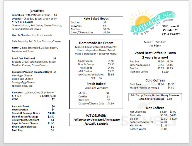 The DayMaker Cafe menus in Camden, Tennessee, United States