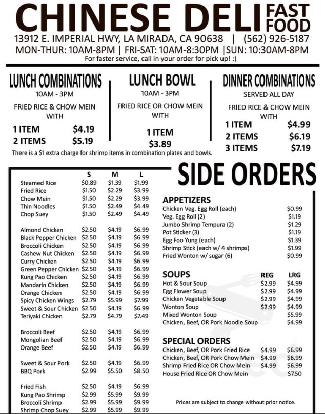 Menu - La Mirada CA's Chinese Deli Fast Food | Sirved