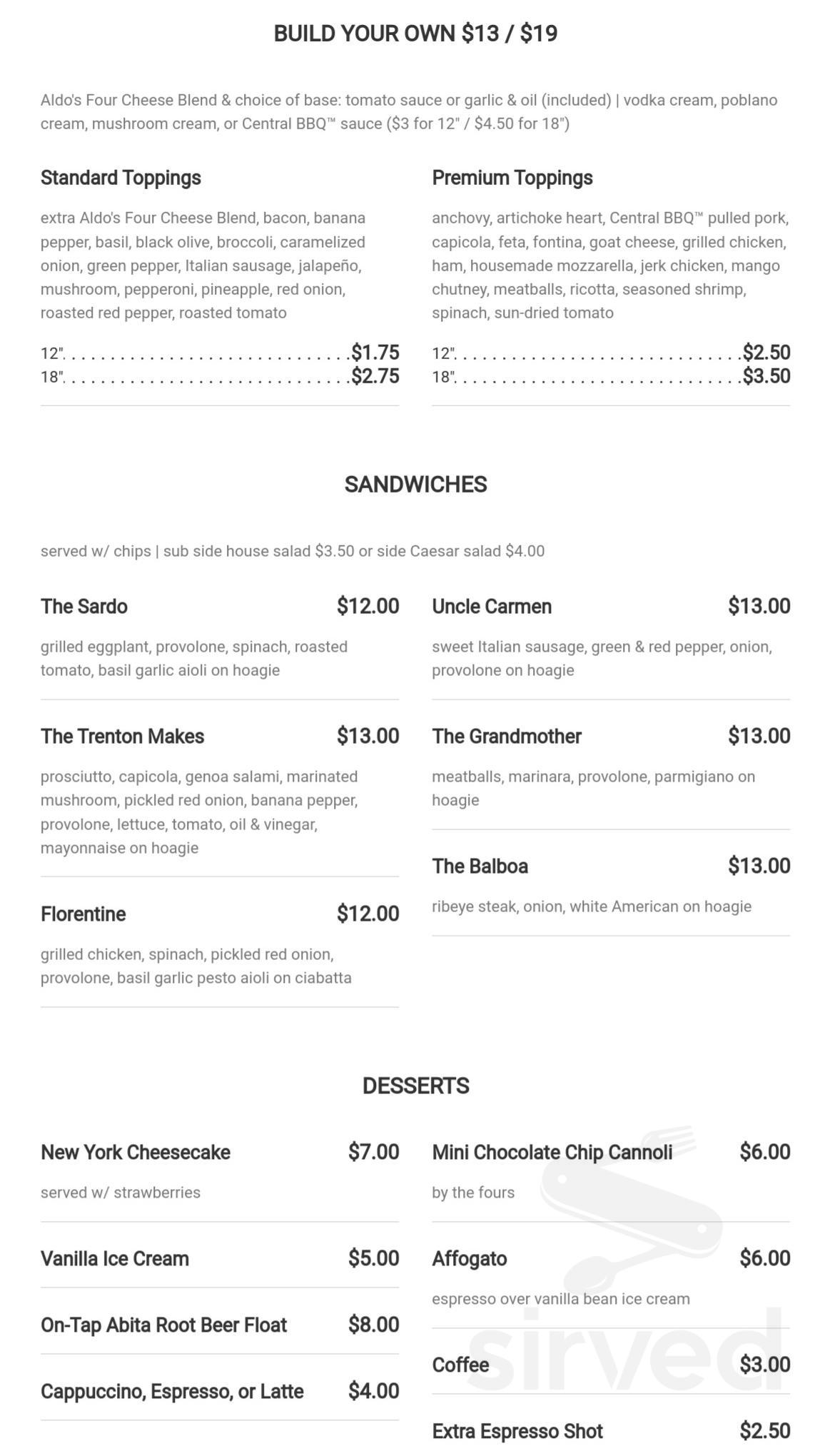 Aldo's Pizza Pies - Downtown menu in Memphis, Tennessee, USA