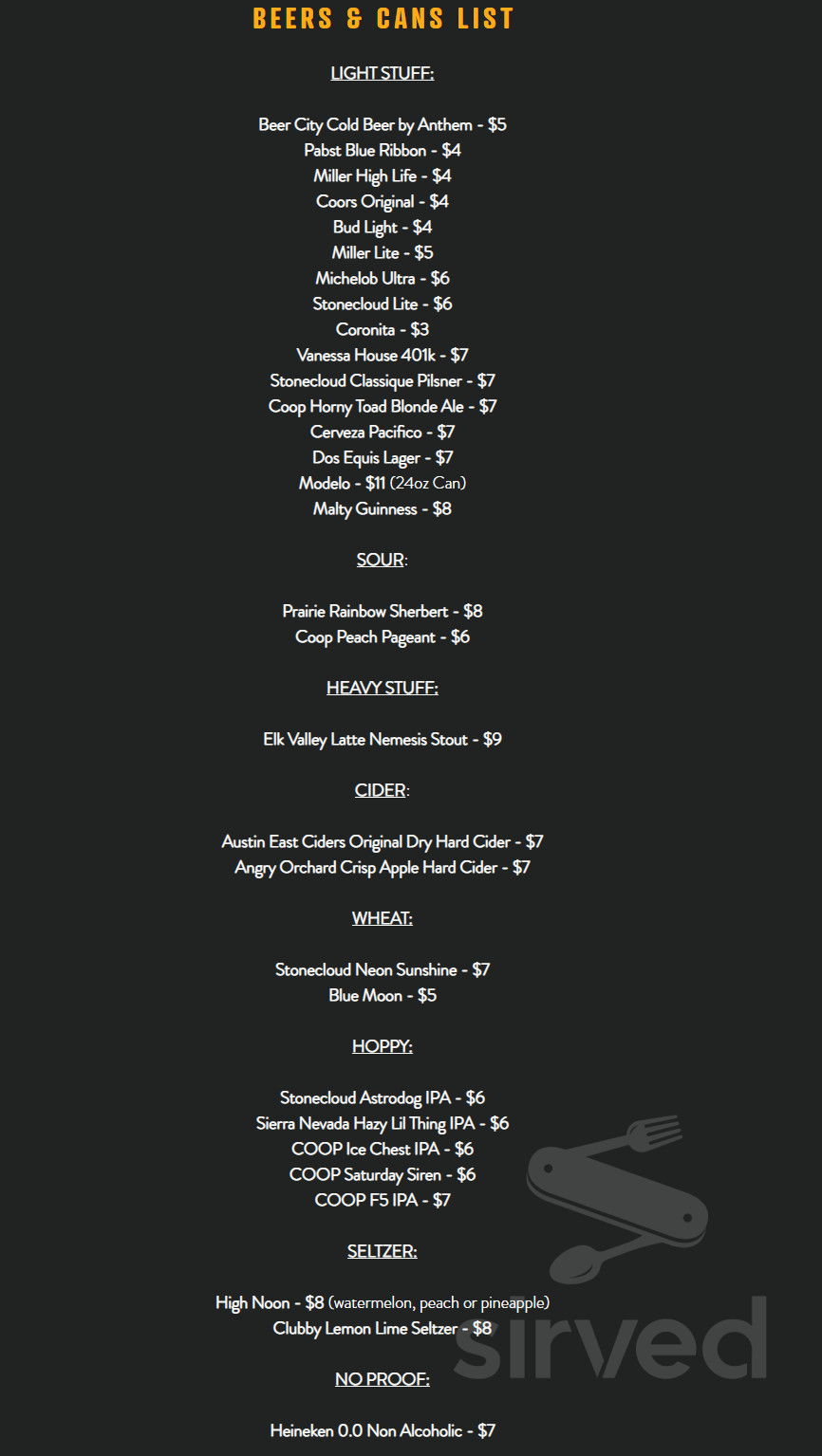 Ponyboy menu in Oklahoma City, Oklahoma, USA