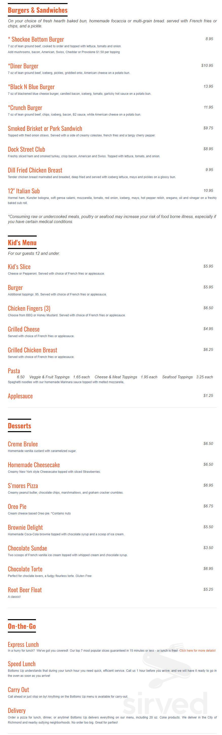 Bottoms Up Pizza menu in Richmond, Virginia, USA