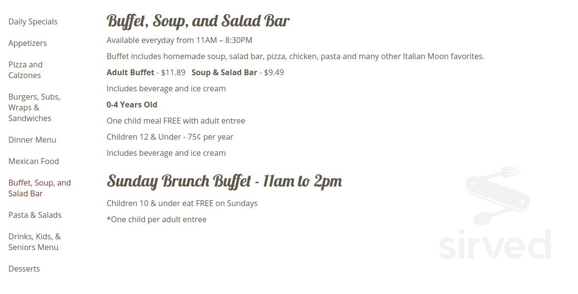 Italian Moon menu in Grand Forks, North Dakota, USA