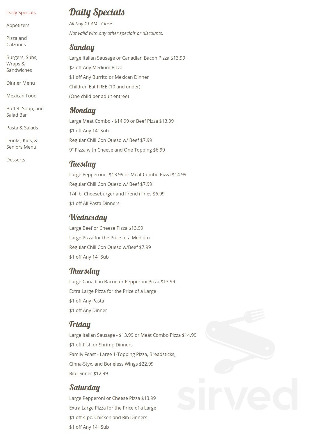 Italian Moon menu in Grand Forks, North Dakota, USA