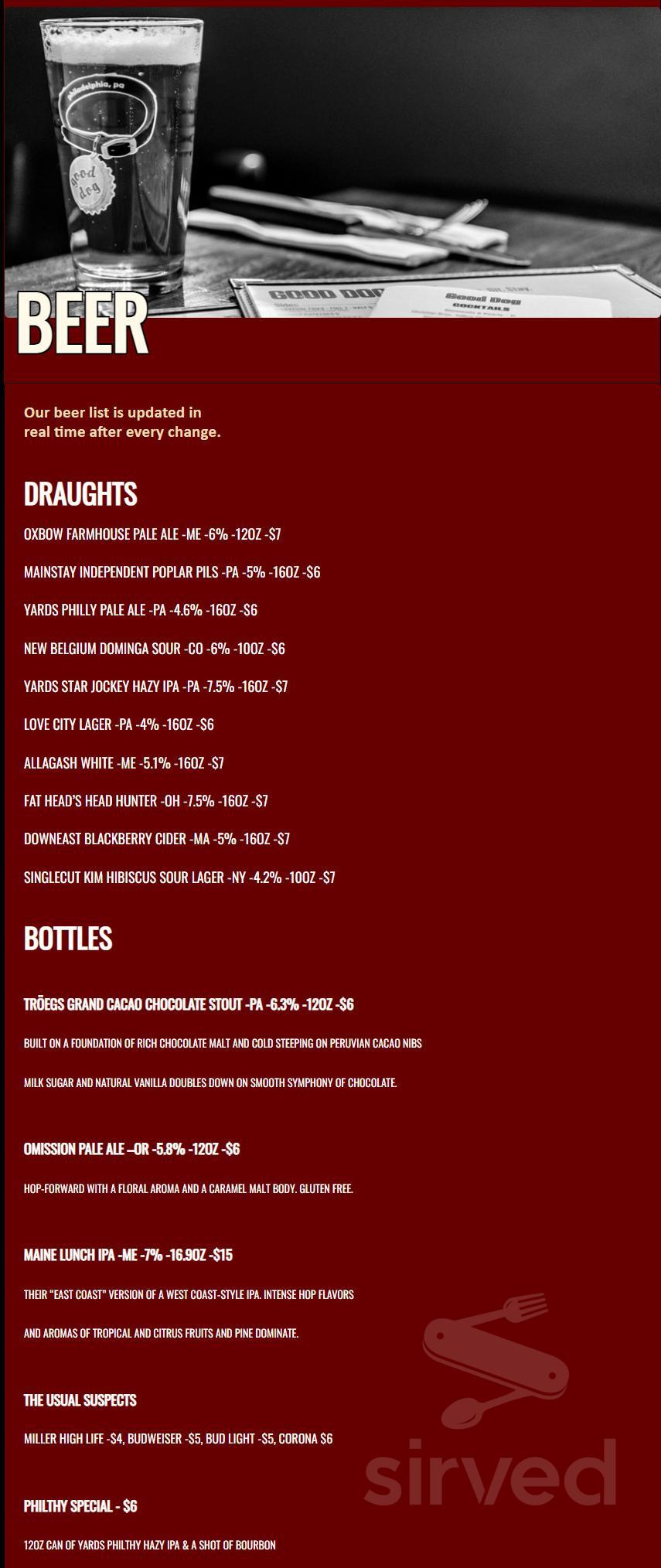 Menu - Philadelphia PA's Good Dog Bar | Sirved