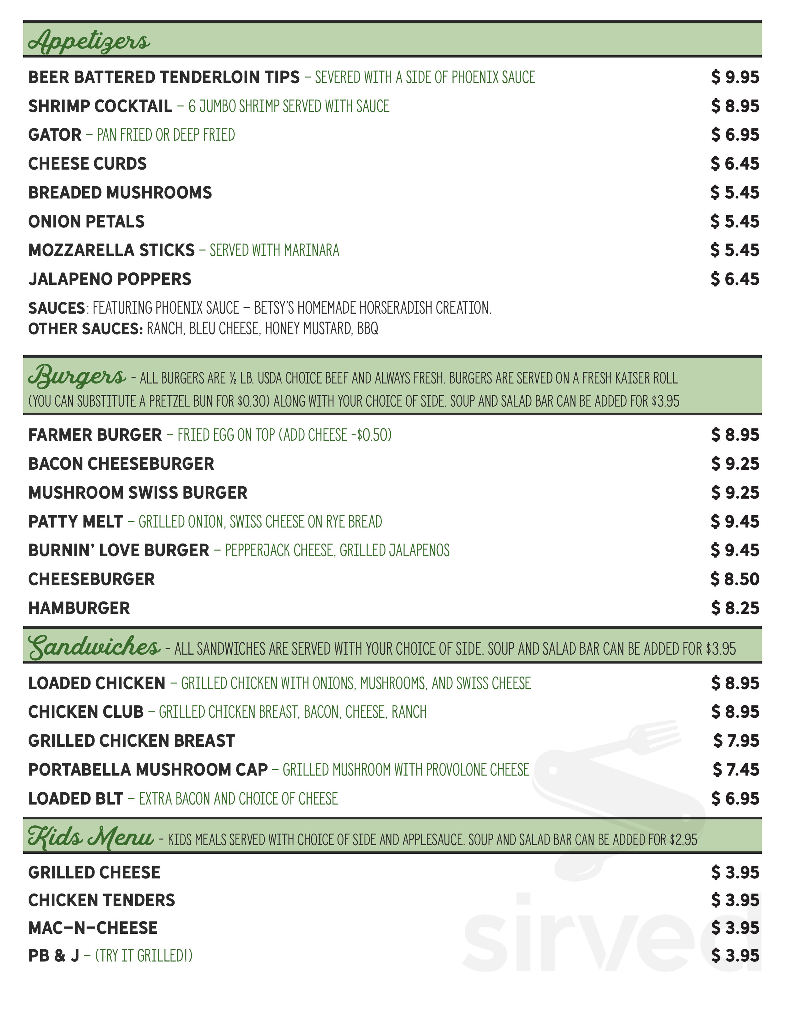 Century Elm Supper Club menus in Larsen, Wisconsin, United States