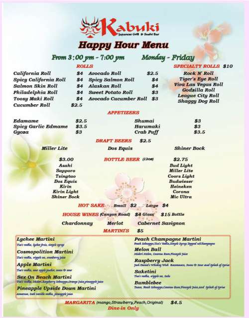 Kabuki menu in League City, Texas, USA