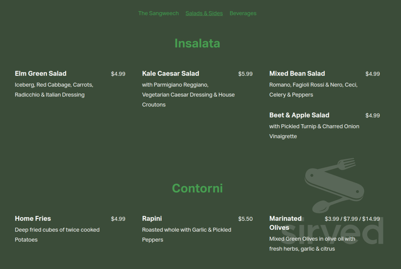 Elm Street Italian Deli menu in Toronto, Ontario, Canada