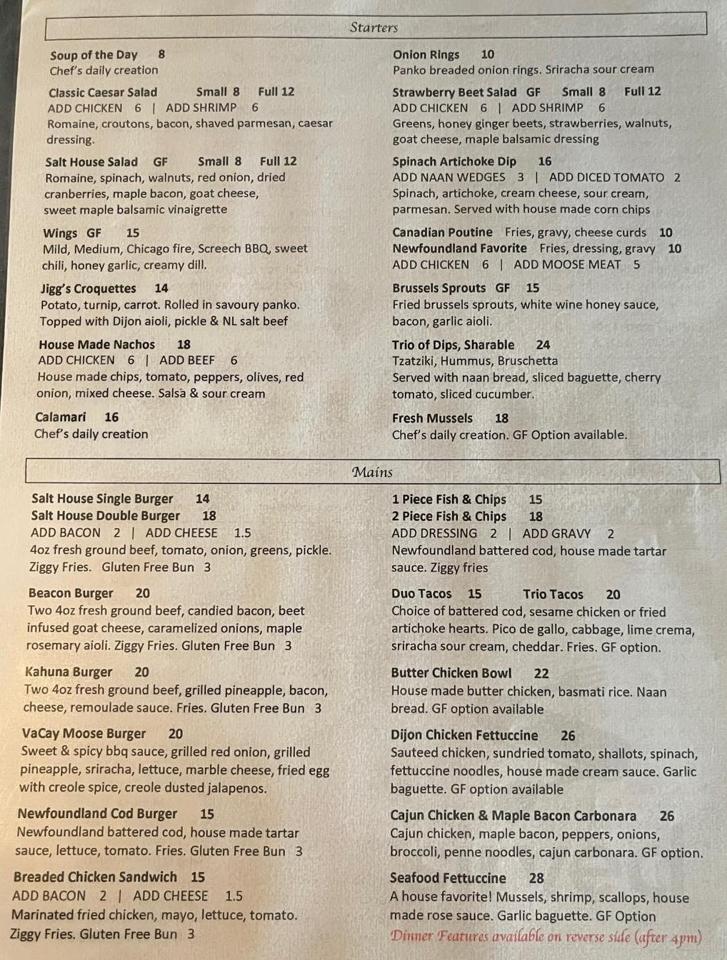 The Salt House menu in St. John's, Newfoundland and Labrador, Canada