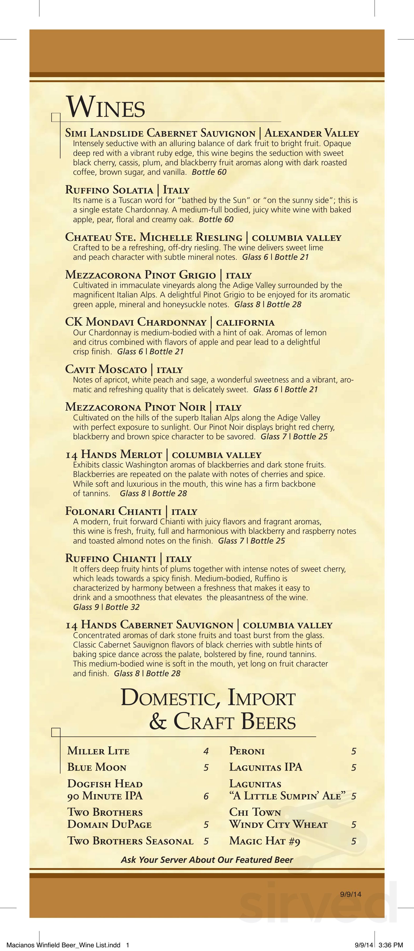 Maciano's Pizza & Pastaria menu in Carol Stream, Illinois, USA