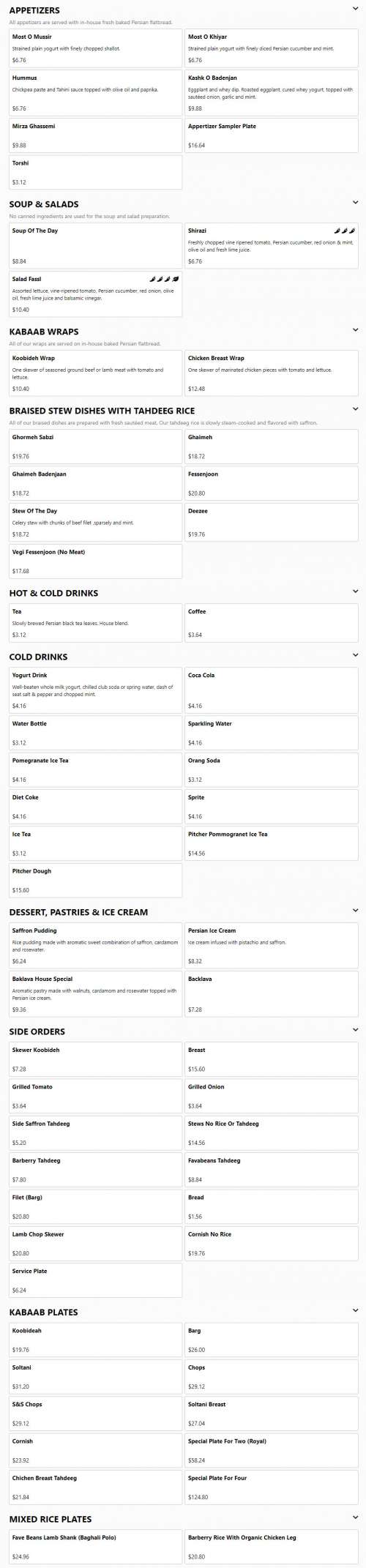 Tahdeeg Persian Cuisine menu in Clovis, California, USA