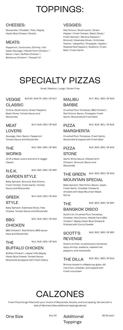 The Parker Pie Company menu in West Glover, Vermont, USA