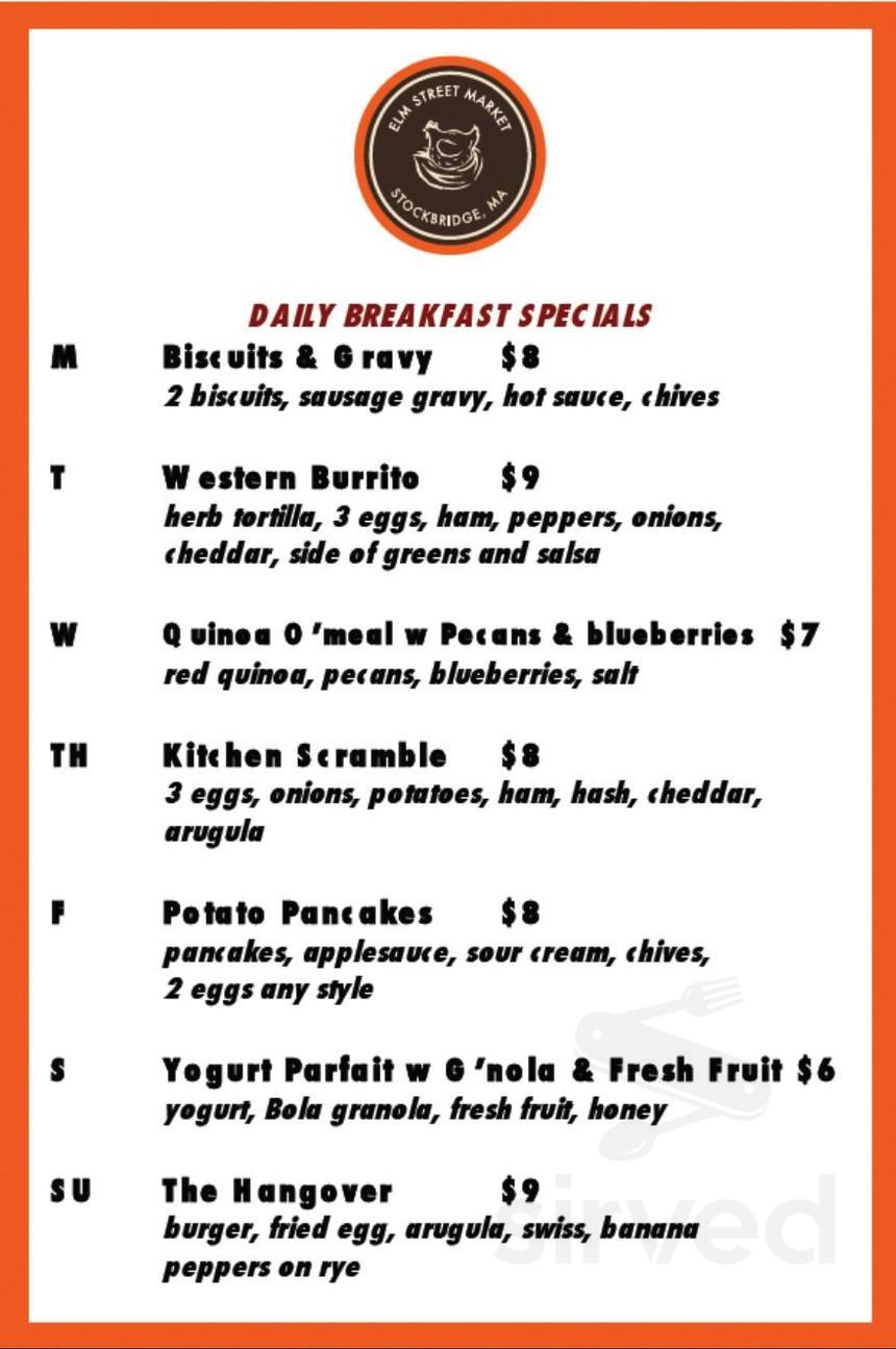 Elm Street Market and Tiffany's Cafe menu in Stockbridge, Massachusetts ...