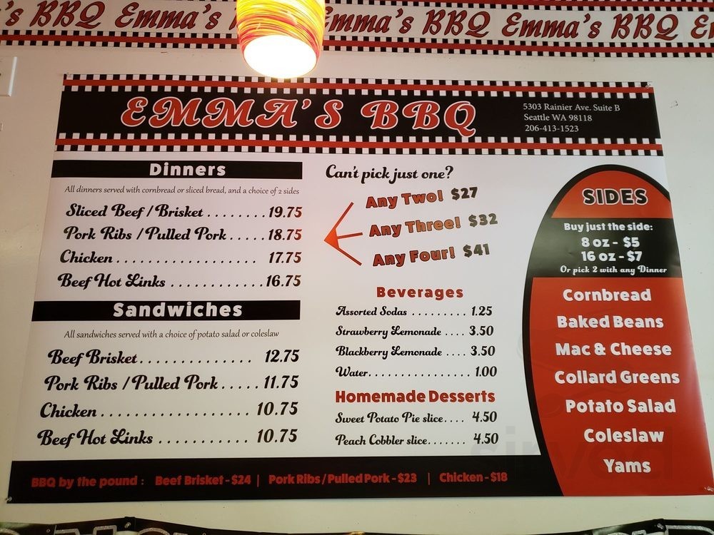 Emma's BBQ menu in Seattle, Washington, USA