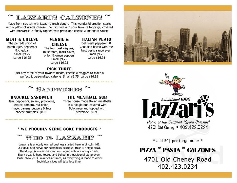 Lazzari's menu in Lincoln, Nebraska, USA
