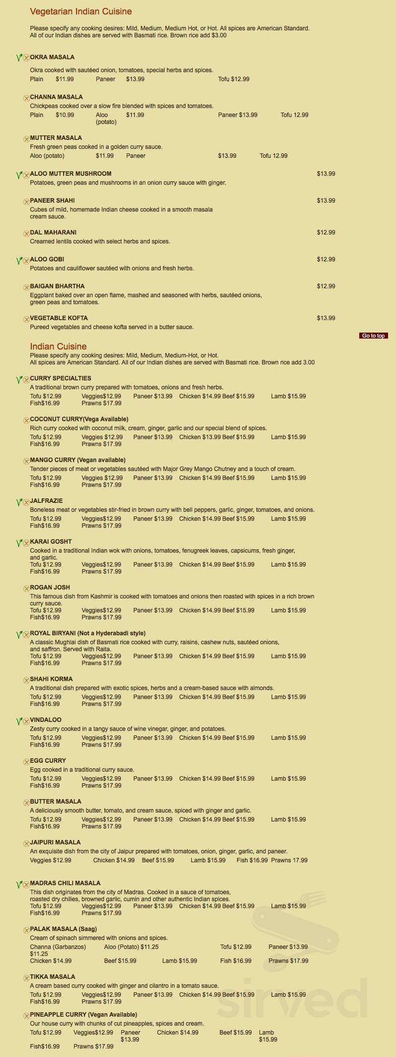 Menu - Seattle WA's Taste of India | Sirved