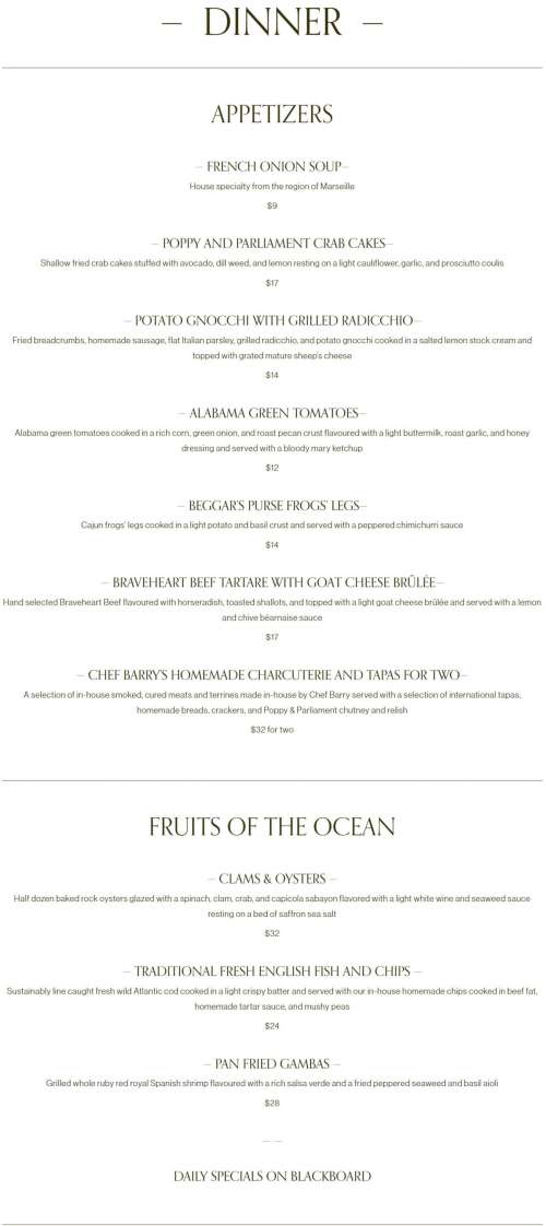 The Poppy and Parliament menu in Huntsville, Alabama, USA