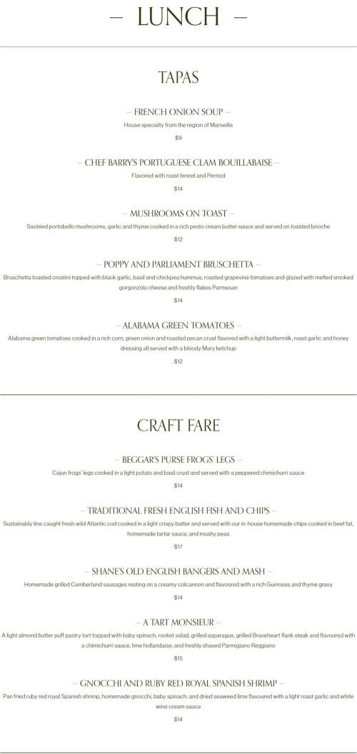 The Poppy and Parliament menu in Huntsville, Alabama, USA