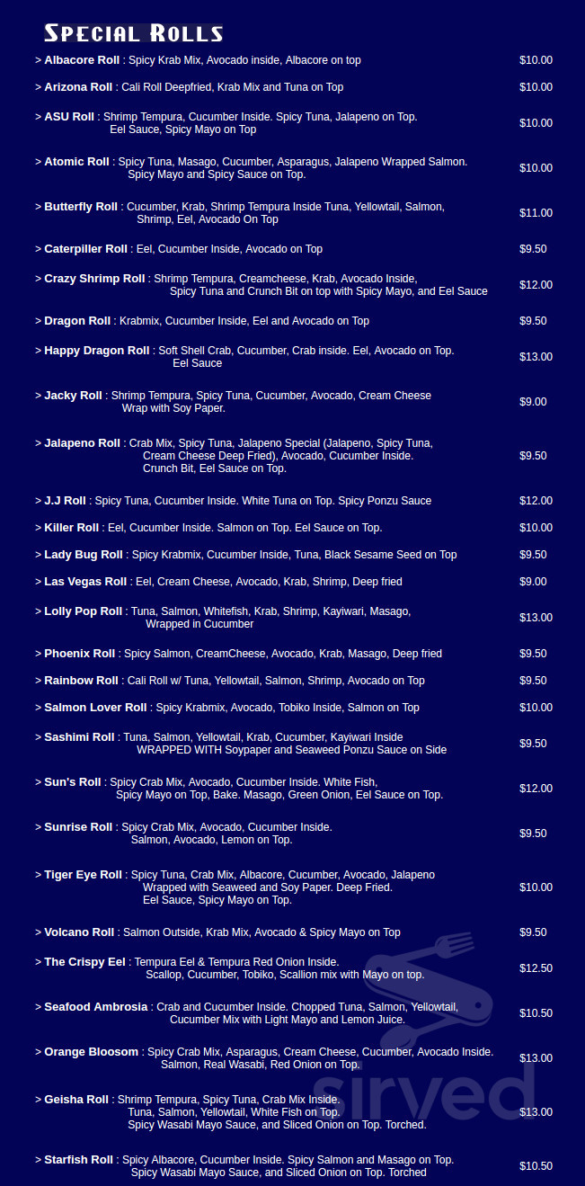 Menu - Gilbert AZ's Sushiya | Sirved