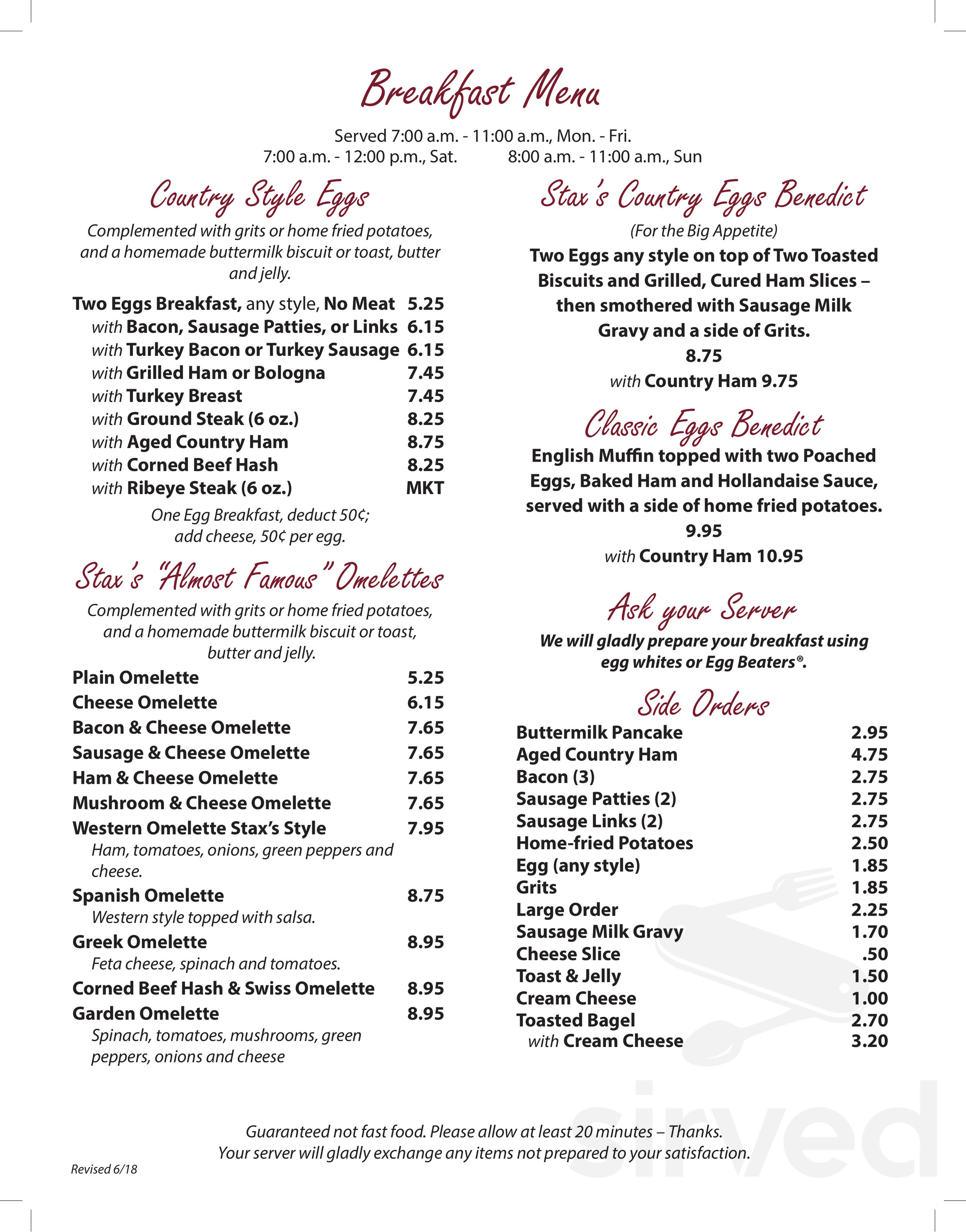 Stax's Original Restaurant menu in Greenville, South Carolina, USA