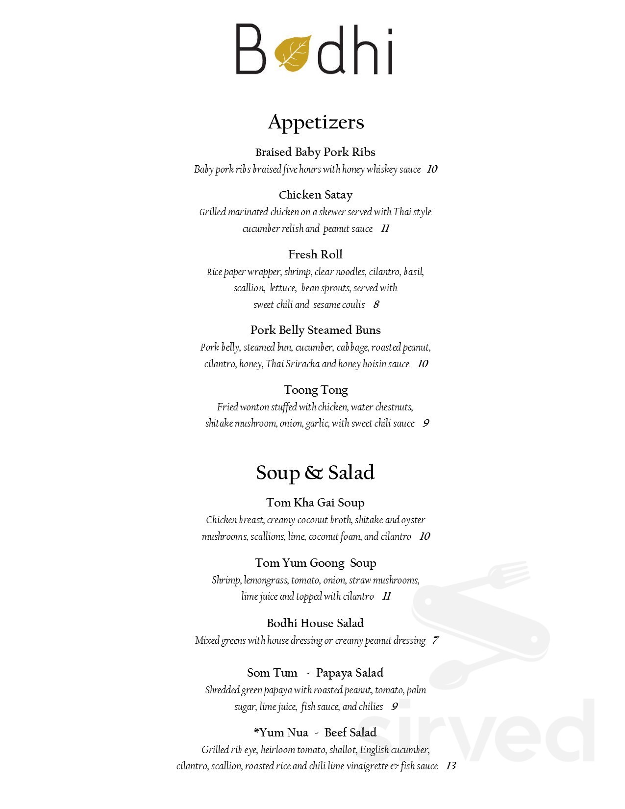 Menu - Lexington SC's Bodhi Thai Dining | Sirved