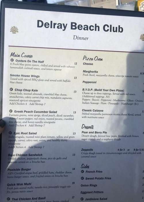 Delray Beach Club menu in Delray Beach, Florida, USA