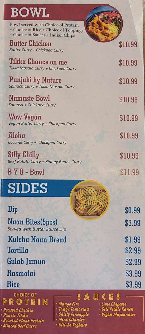 Indria Xpress menu in Regina, Saskatchewan, Canada