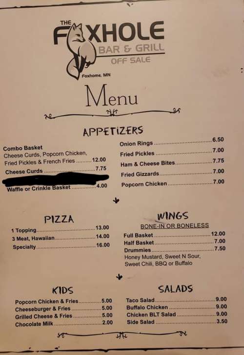 Foxhole Bar & Grill menu in Foxhome, Minnesota, USA