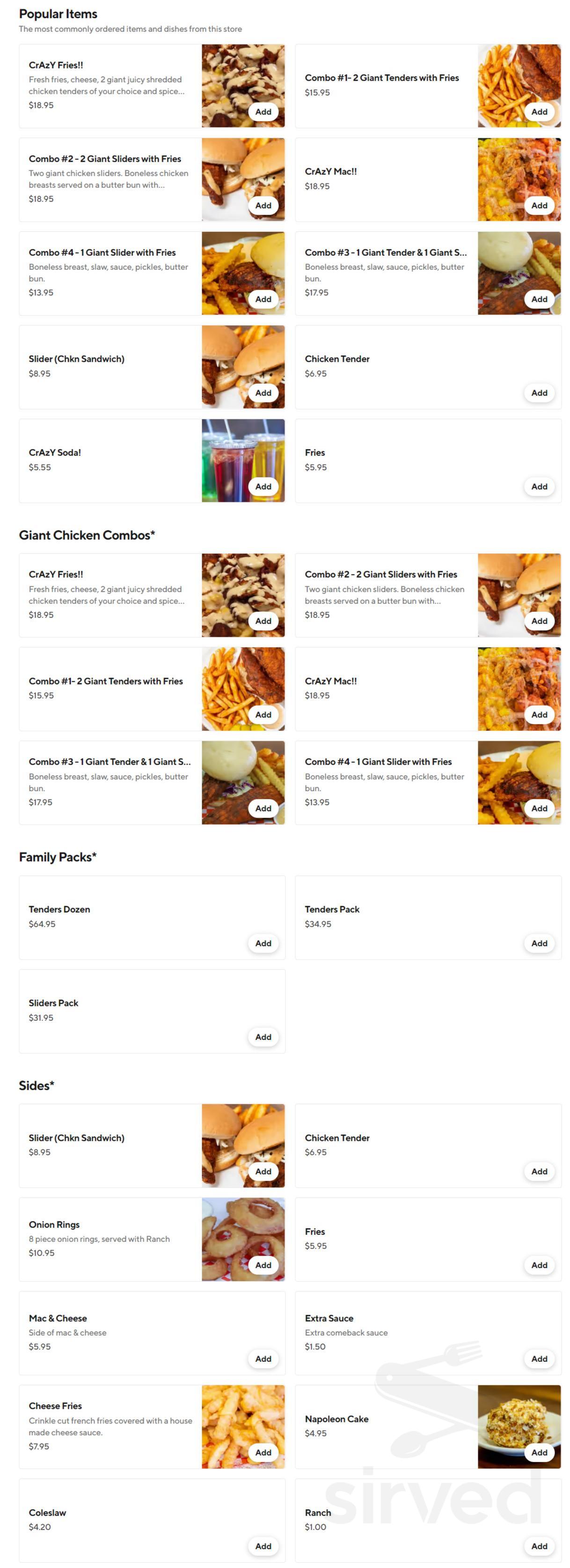 Crazy D's Hot Chicken menu in Reno, Nevada, USA